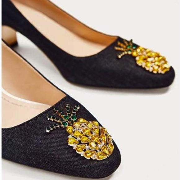 Zara | Shoes | Zara Denim Block Heel Pumps With Rhinestone Embellished ...